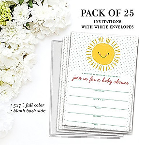 DB Party Studio Baby Shower Invitations Happy Sunshine Gender Neutral Sunny Smile Blank Invites with Envelopes ( Pack of 25 ) Large 5x7” Fill In Boy Girl Infant Mom-To-Be Smiling Sun Newborn VI0077B