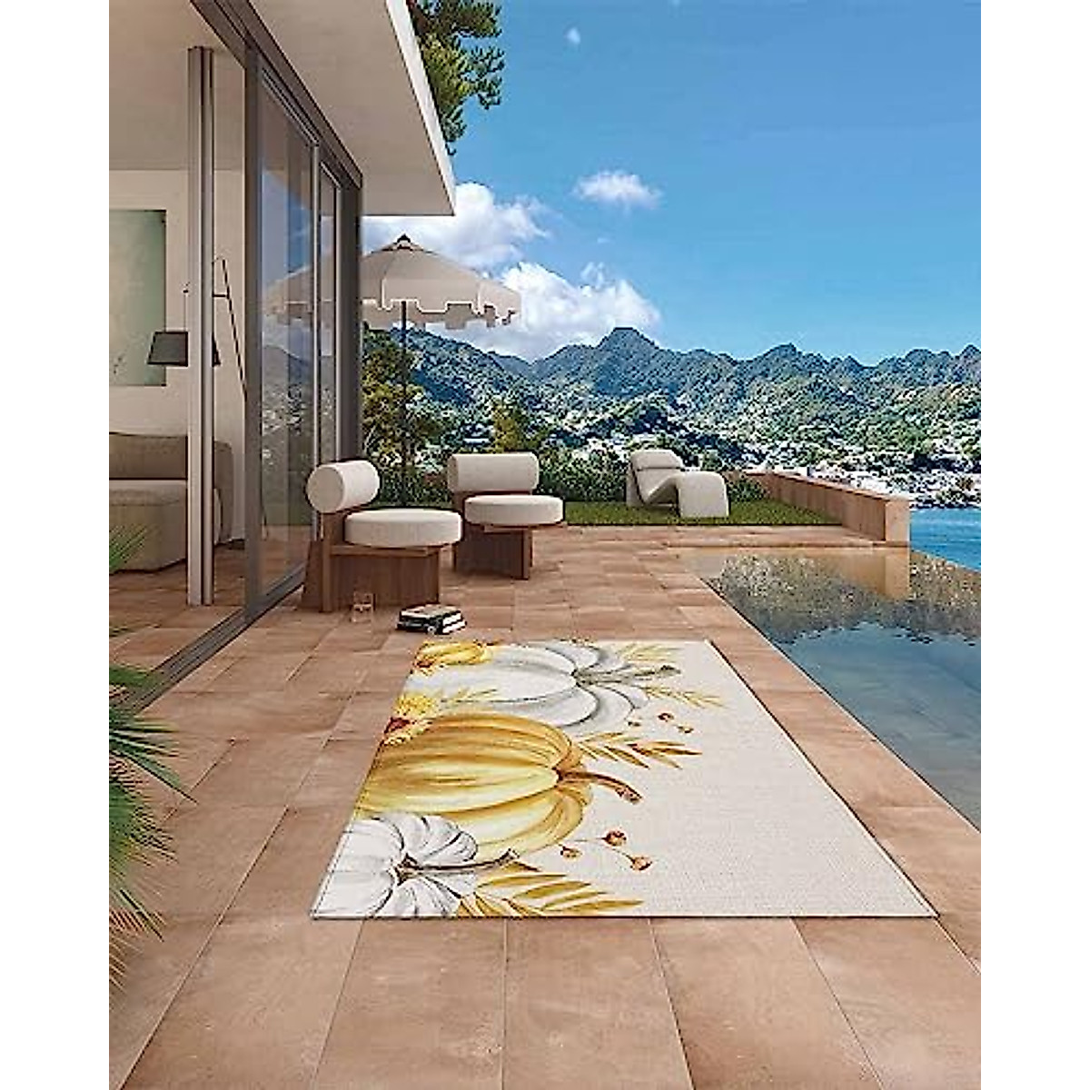 Fall Thanksgiving Outdoor Rug for Patio/Deck/Porch, Non-Slip Area Rug 6x9 Ft, Grey Orange Pumpkin Sunflower Botanical Rustic Indoor Outdoor Rugs Washable Area Rugs, Reversible Camping Rug Carpet