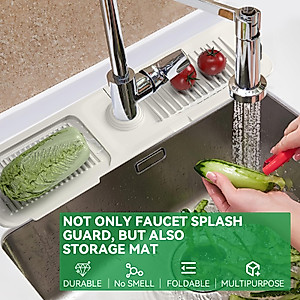 Kitchen Sink Splash Guard Behind Faucet 24 x 5.5 Inch, Toovem Faucet Handle Drip Catcher Tray, Longer Silicone Sink Faucet Mat, Dish Soap Sponge Holder for Bathroom, Farmhouse, Bar, Rv,Beige White