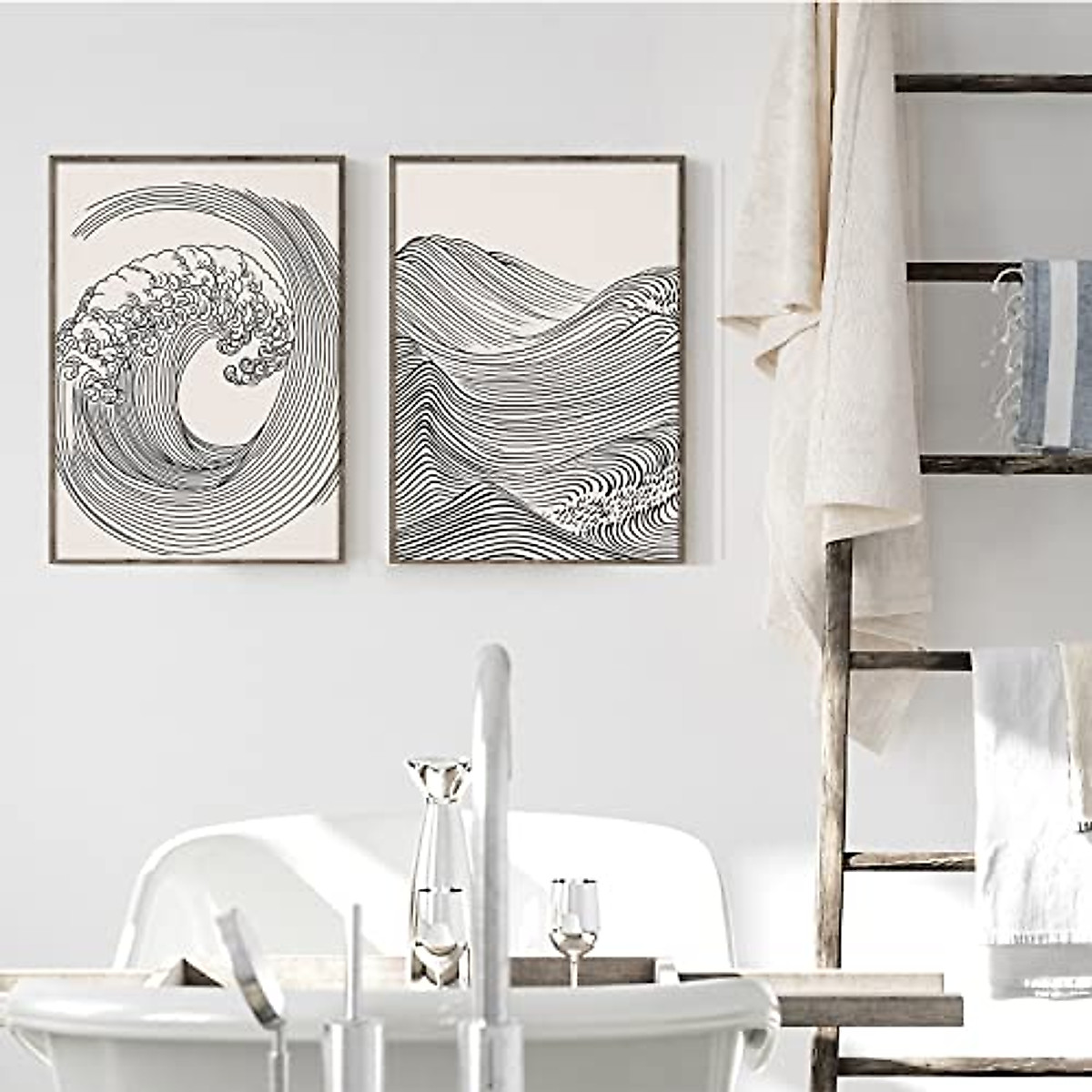 PAINURA Japanese Wave Poster Abstract Wall Art Minimalist Print Abstract Ocean Art Black and White Canvas Art for Bedroom Decor Japanese Wall Art Line Art Wall Decor (16x24Inchx2 Unframed)