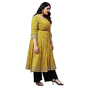 Yash Gallery Women's Cotton Slub Checks Print Anarkali Kurta (White)