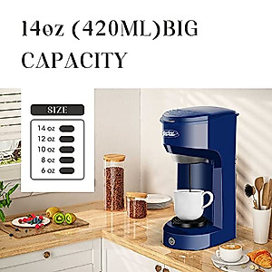 Sunvivi Coffee Maker, Single Serve Brewer for Single Cup, One Cup Coffee Maker With Permanent Filter, 6oz to 14oz Mug, One-touch Control Button with Illumination, Blue (ETL Certified)