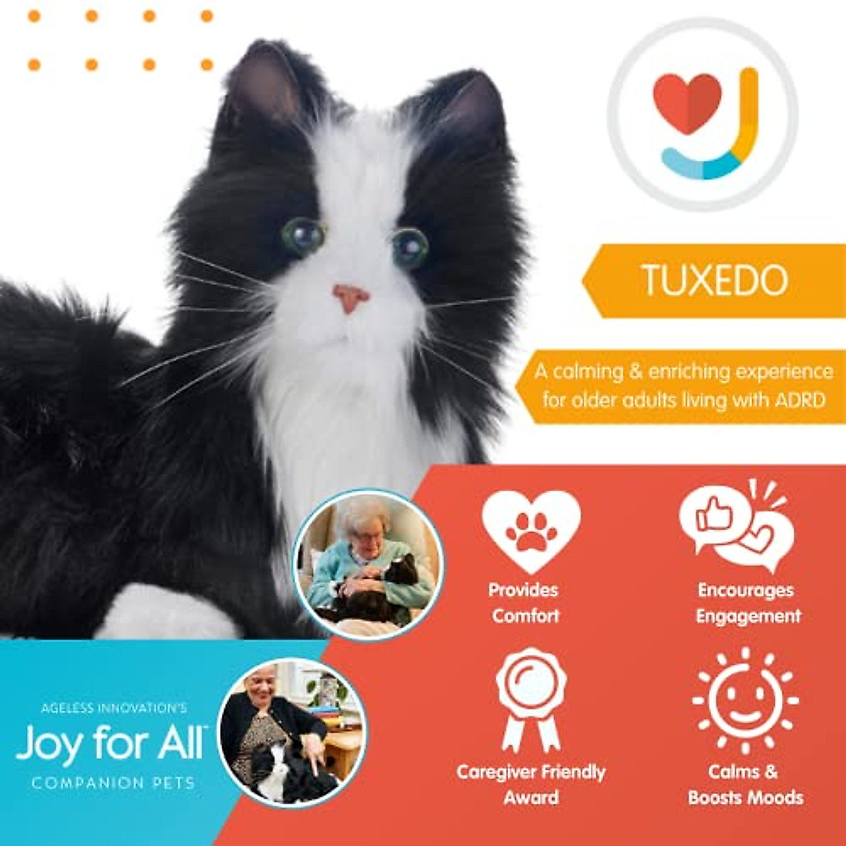 JOY FOR ALL Companion Pet for Seniors - Lifelike Animatronic Cat - Realistic Soft-Touch Fur & Purring - Therapy Stuffed Animal - Toy for Alzheimer's & Dementia - Tuxedo