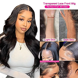180% High Density HD Transparent Body Wave Lace Front Wigs 4X4 Brazilian Virgin Human Hair Pre Plucked with Baby Hair Glueless Lace Closure Wigs for Women (24inch,Natural Black)