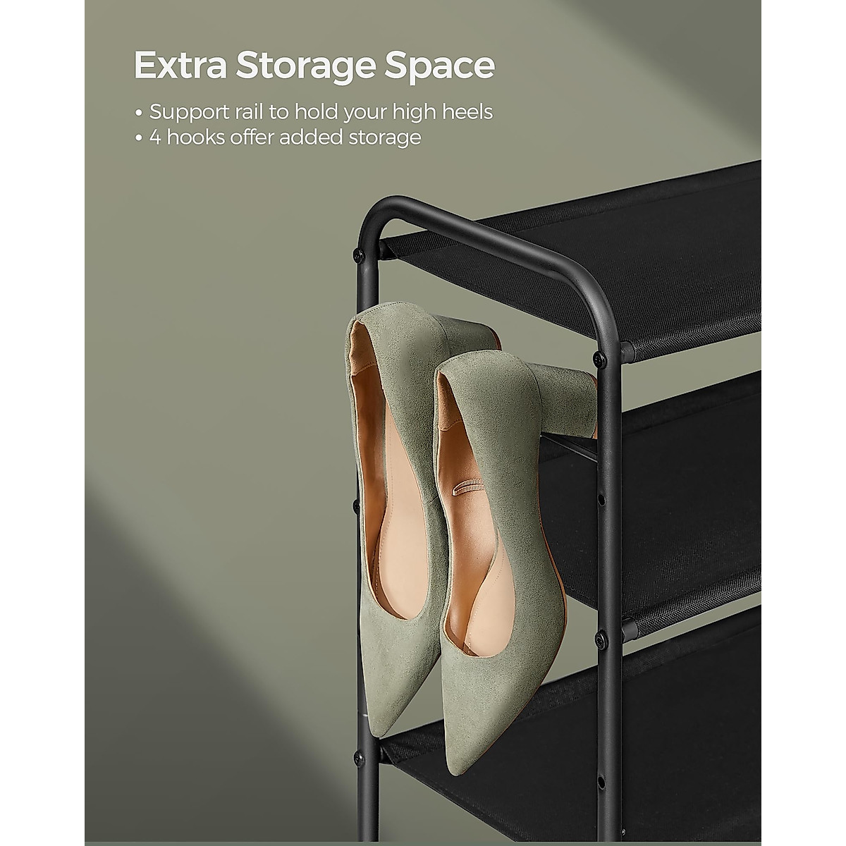 SONGMICS Shoe Rack, 3 Tier Shoe Organizer, Fabric Shoe Shelf Storage with 4 Hooks, Holds up to 12 Pairs of Shoes, Height-Adjustable Shoe Rack for Entryway, Hallway, Closet, Easy Assembly, Ink Black