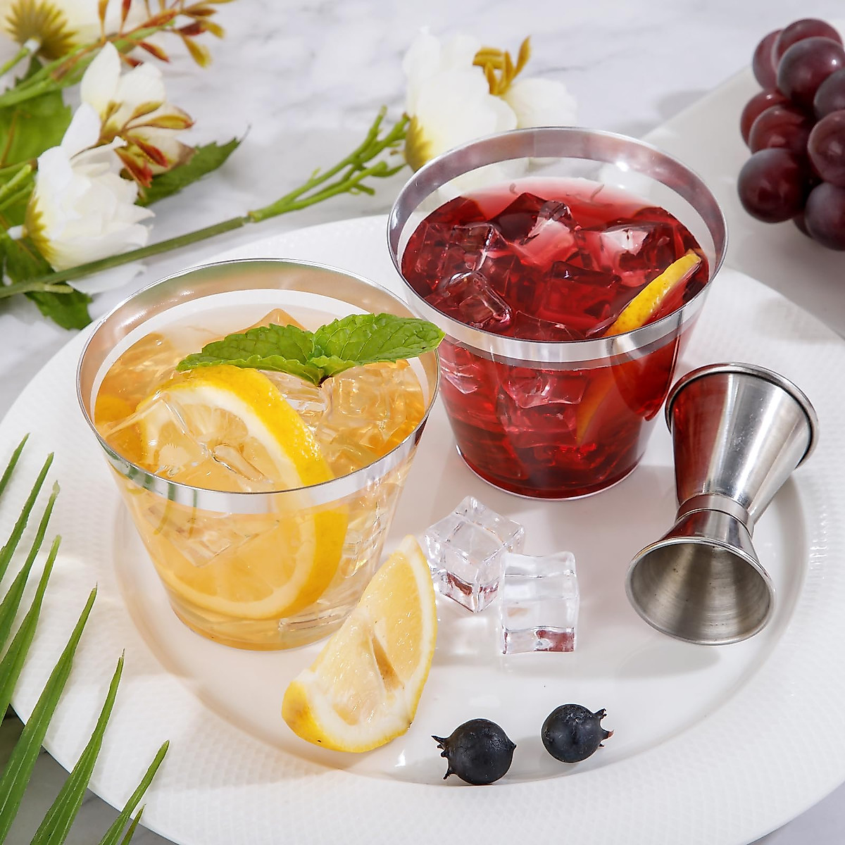 Nervure 240 PCS Silver Plastic Cups - 9Oz Silver Rimmed Plastic Cups - Heavy Duty Plastic Cups with Silver Rim Perfect for Weddings, Receptions & Parties