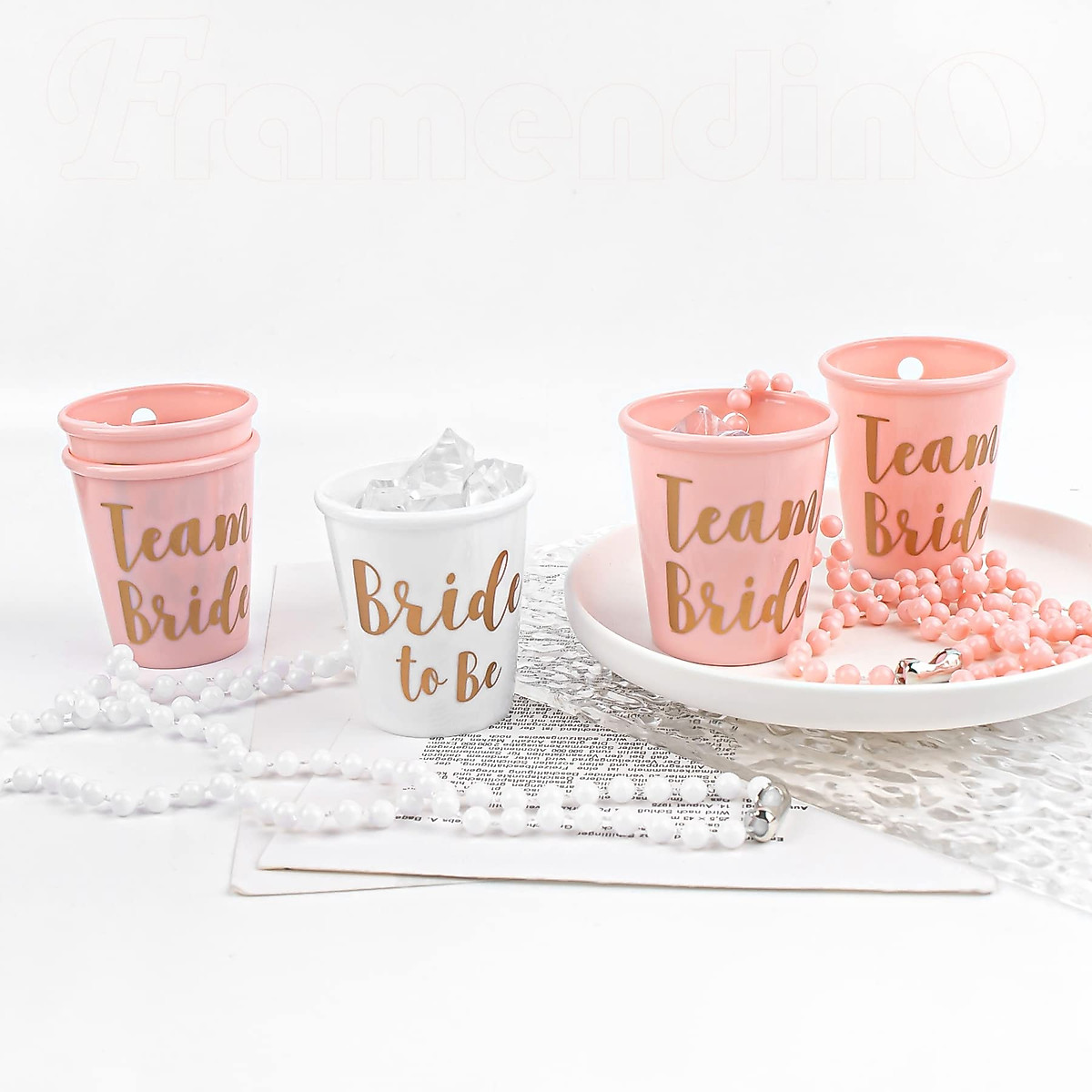 Framendino, 8 Pack Team Bride and Bride to Be Plastic Beaded Shot Glass Necklace Shot Glasses Bridal Necklace with Gold Foil for Bachelorette Party Decorations