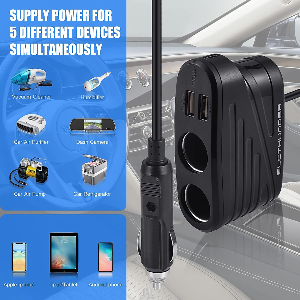 ELCTHUNDER Quick Charge 3.0 Cigarette Lighter Splitter, 2-Socket Car Charger with 27 Inches Extension Cable, 120W 12V/24V Car Charge Splitter with PD 20W Type-C Port for Phone GPS Dashcam