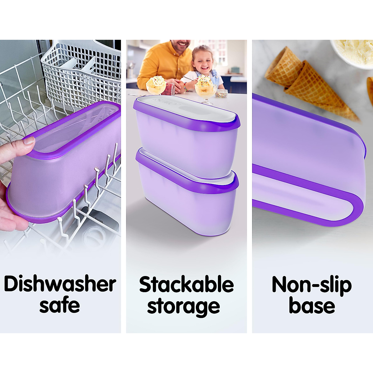 SUMO Ice Cream Containers with Lids for Homemade Ice Cream - 1.5 Quart per Container, Reusable Ice Cream Containers for Freezer Storage, Set of 2 Tubs, Purple