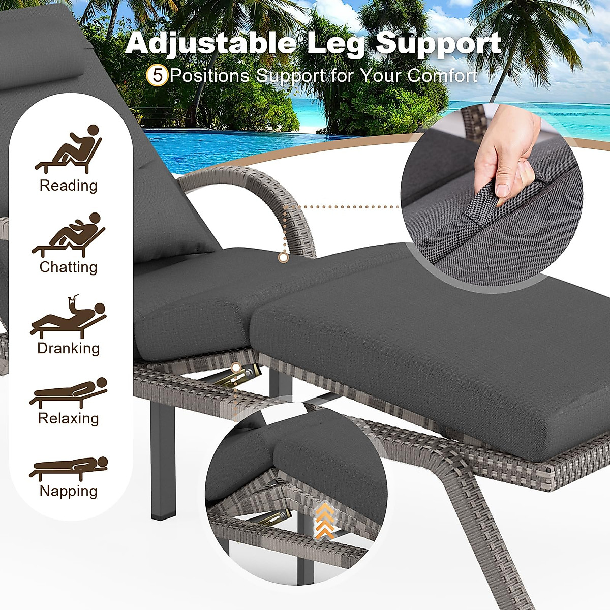 MEISSALIVVE Outdoor Lounge Chairs Set of 2, Pool Lounge Chairs with Adjustable 5 Position Backrest & Leg Support, PE Rattan Chaise Lounge Patio Chairs for Backyard Porch Deck (Grey)