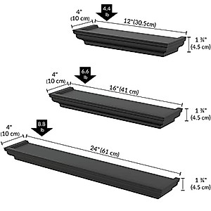 Ballucci Set of 3 Crown Molding Style Floating Wall Shelves, Wooden Ledges for Living Room, Bedroom, Bathroom, Kitchen, Office; 24, 16, 12" - Black