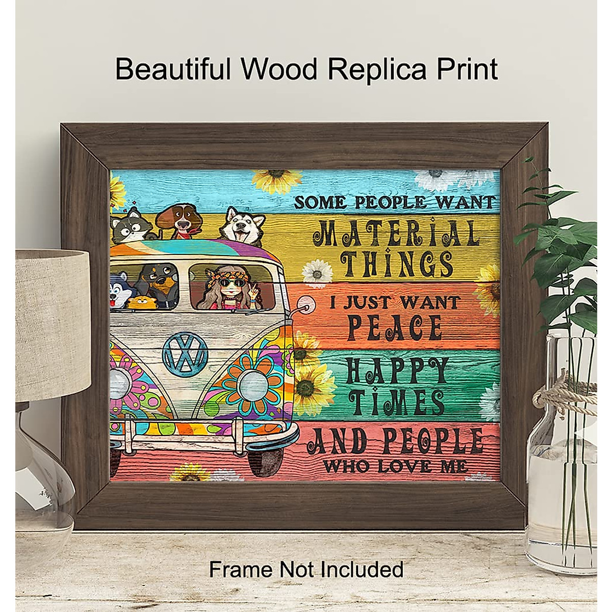 Inspirational Quotes Wall Decor - Sunflower Wall Art - Hippie Wall Decor - Positive Sayings - Positive Gifts for Women - Hippie Van VW Bus Decor - 60s Wall Decor- Rustic Country Wall Decor - UNFRAMED