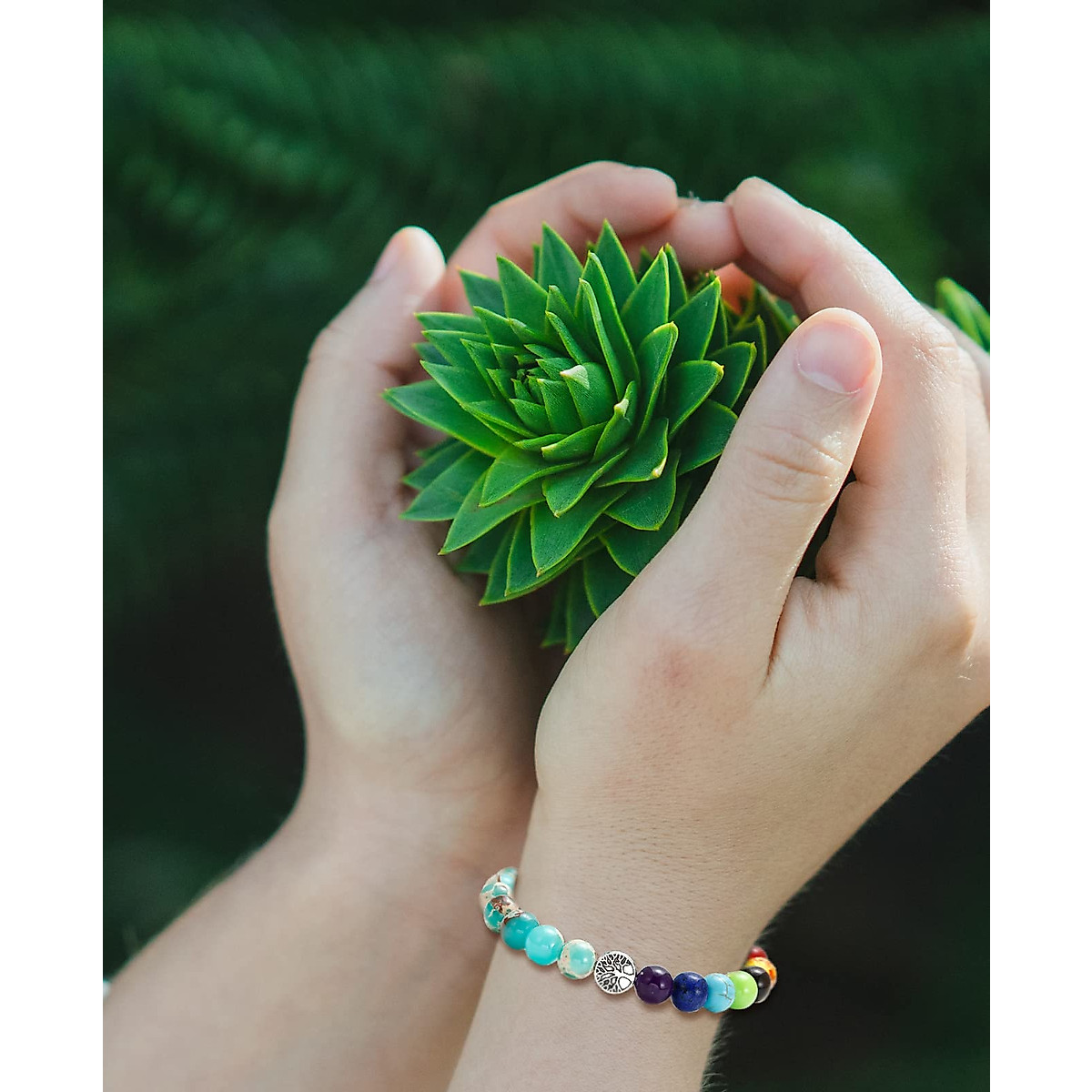 BOMAIL 10Pcs Tree of Life Healing Crystals Bracelet - 7 Chakra Semi Precious Stones Beaded Bracelets Yoga Stress Relief Reiki Stretch Bracelets for Women Men