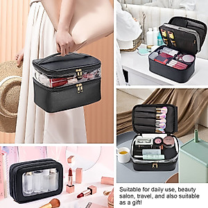 MAGEFY 2 PCS Travel Cosmetic Bags Leather Double Layer Organizer Clear Toiletry Bag Black Makeup Bags for Women Gifts with Adjustable Dividers