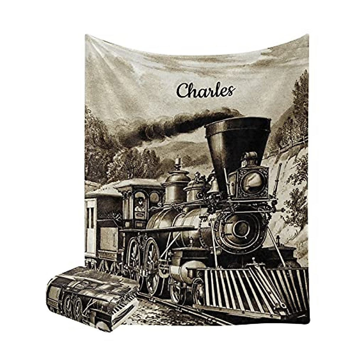 Steam Train Personalized Blankets Custom Super Soft Fleece Blanket with Name 50'' x 60'' Throws for Men Women Wedding Gifts