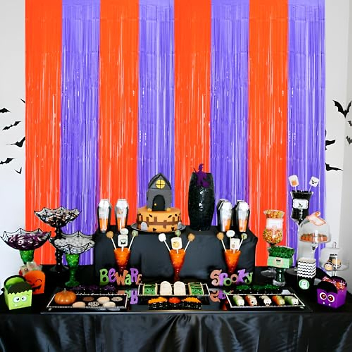 Mega-L Halloween Party Decorations, 2 Packs Orange Purple Photo Booth Props, 3.3 x 6.6 ft Halloween Foil Fringe Curtains with Bats, Photo Backdrop Streamers Halloween Party Supplies