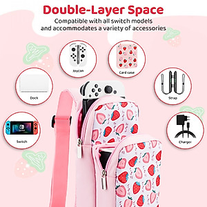 RHOTALL Pink Travel Bag for Nintendo Switch/Lite/OLED,Large Capacity Portable Carrying Case Compatible for Chest Shoulder Accessories Storage Backpack with12 Slots Game Case,Thumb Grip Caps-Strawberry
