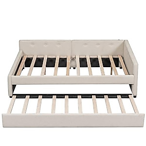 KTATK Wood House Bed with 2 Twin Solid Bed,L Structure Bedroom Platform Bed Frame W/Fence and Slatted Frame,No Box Spring Required,for Kids Teens Boy Girl,White