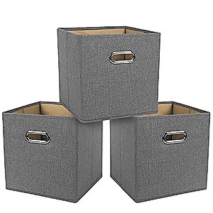 Storage Cubes, 11 Inch Cube Storage Bins (Set of 3), Fabric Collapsible Storage Bins with Dual Handles, Foldable Cube Baskets for Shelf, Closet Organizers and Storage Box (Beige)