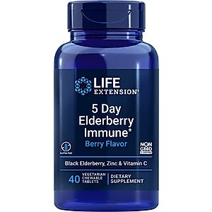 Life Extension 5 Day Elderberry Immune (Berry Flavor) Immune System Support - Gluten-Free, Non-GMO - 40 Vegetarian Chewable Tablets