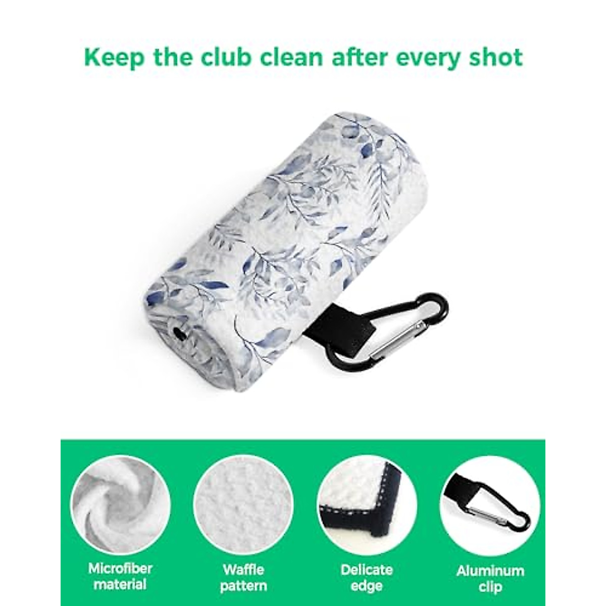 Golf Towel Pastoral Blue Leaves Seamless White,Waffle Pattern Microfiber Club Cleaner Golf Towels with Carabiner Clip for Women Men Dad,Aesthetic Botanical Art Golf Towel for Golf Bags,24x16in