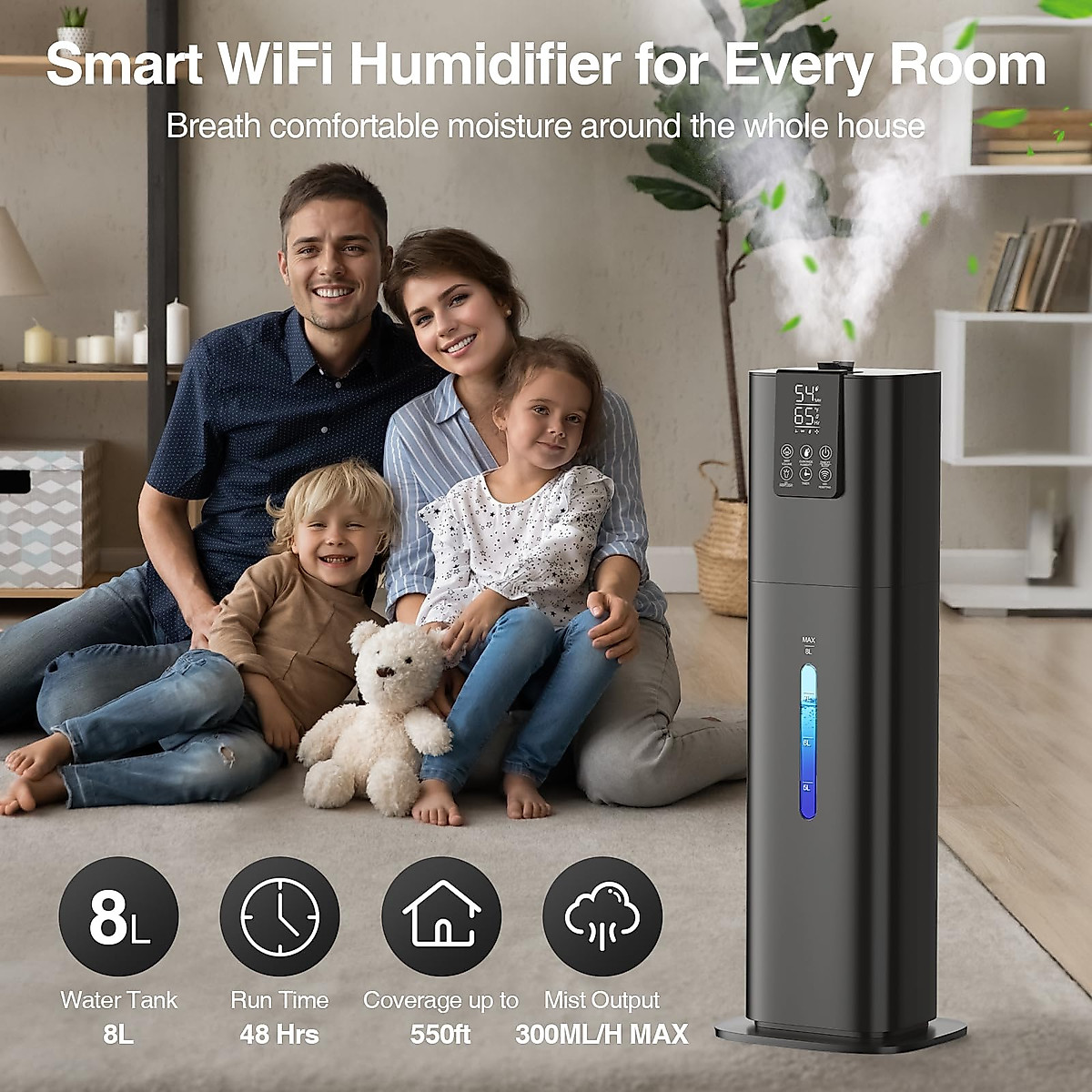 Honovos Smart Humidifiers Large Room Bedroom Home, 2.11Gal(8L) Quiet Top Fill Cool Mist Humidifier, Smart App & Remote Control, 3 Speed Humidifier with 360° Nozzle, Humidity Setting for Baby Office