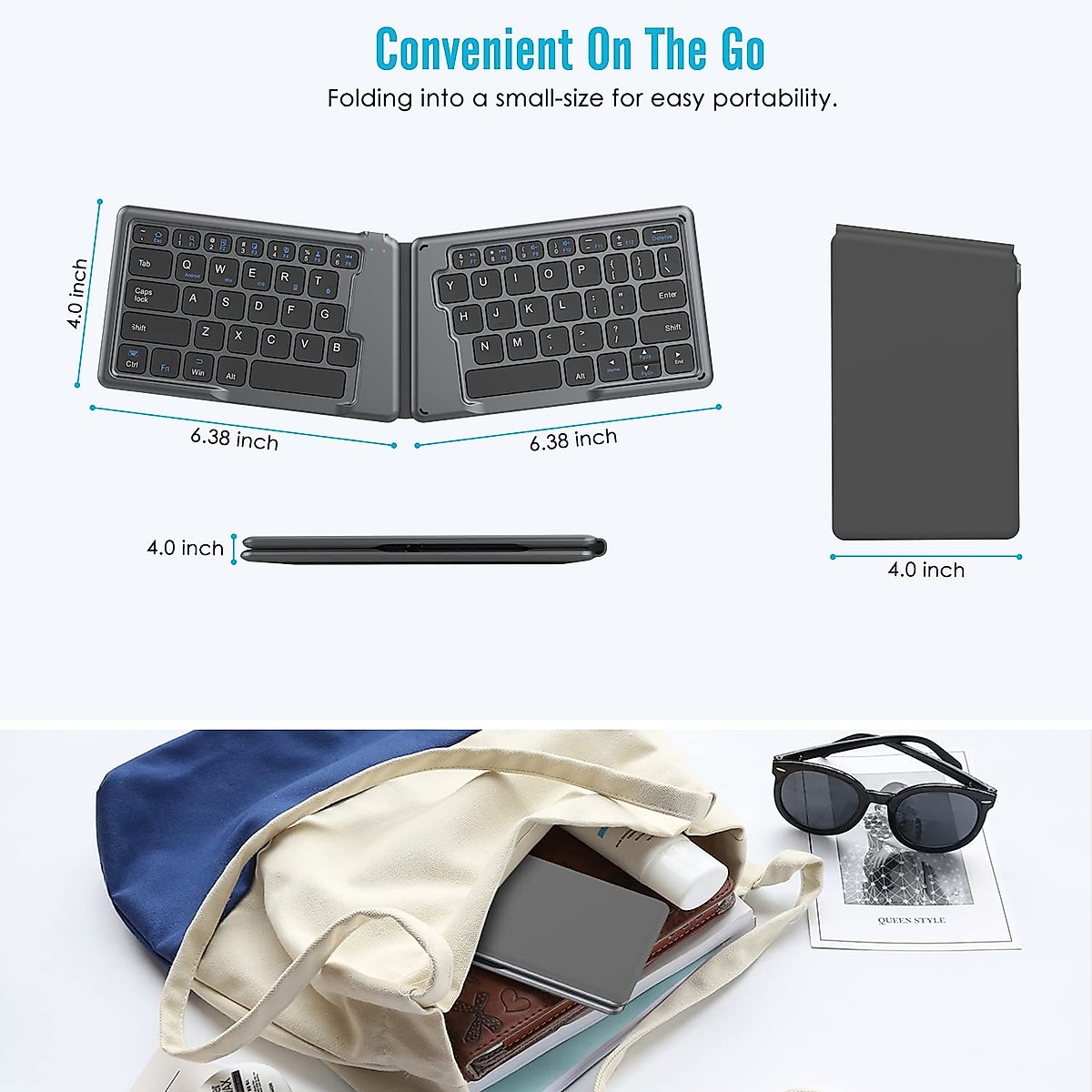MoKo Foldable Bluetooth Keyboard, Portable Wireless Rechargeable Keyboard, Ultra Slim Ergonomic Folding Keyboard Compatible with iOS, Android and Windows Tablet/Smartphone/Laptop Devices, Silver Gray