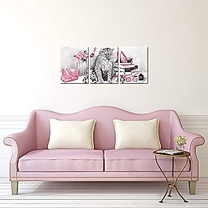 Visual Art Decor Glam Fashion Picture Pink Blush Wall Art Leopard Books High Heel Shoes Perfume Canvas Prints for Modern Home Office Woman Girl Makeup Bedroom Wall Decoration Creative Design Gift (12x16x3)
