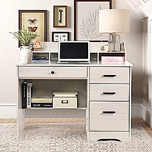 4 EVER WINNER Computer Desk with 4 Drawers and Hutch，Home Office Desk Study Writing Desk with File Drawers and Shelves, Wooden Executive Desk Computer Table Desk for Small Spaces (Off White)