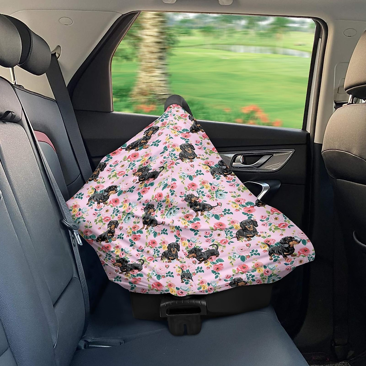 AFPANQZ Floral Dachshunds Baby Car Seat Cover Canopy and Nursing Cover Infant Car Canopy Spring Autumn Winter Snug Warm Breathable Windproof Open Peep Top Universal Fit Pink Flowers