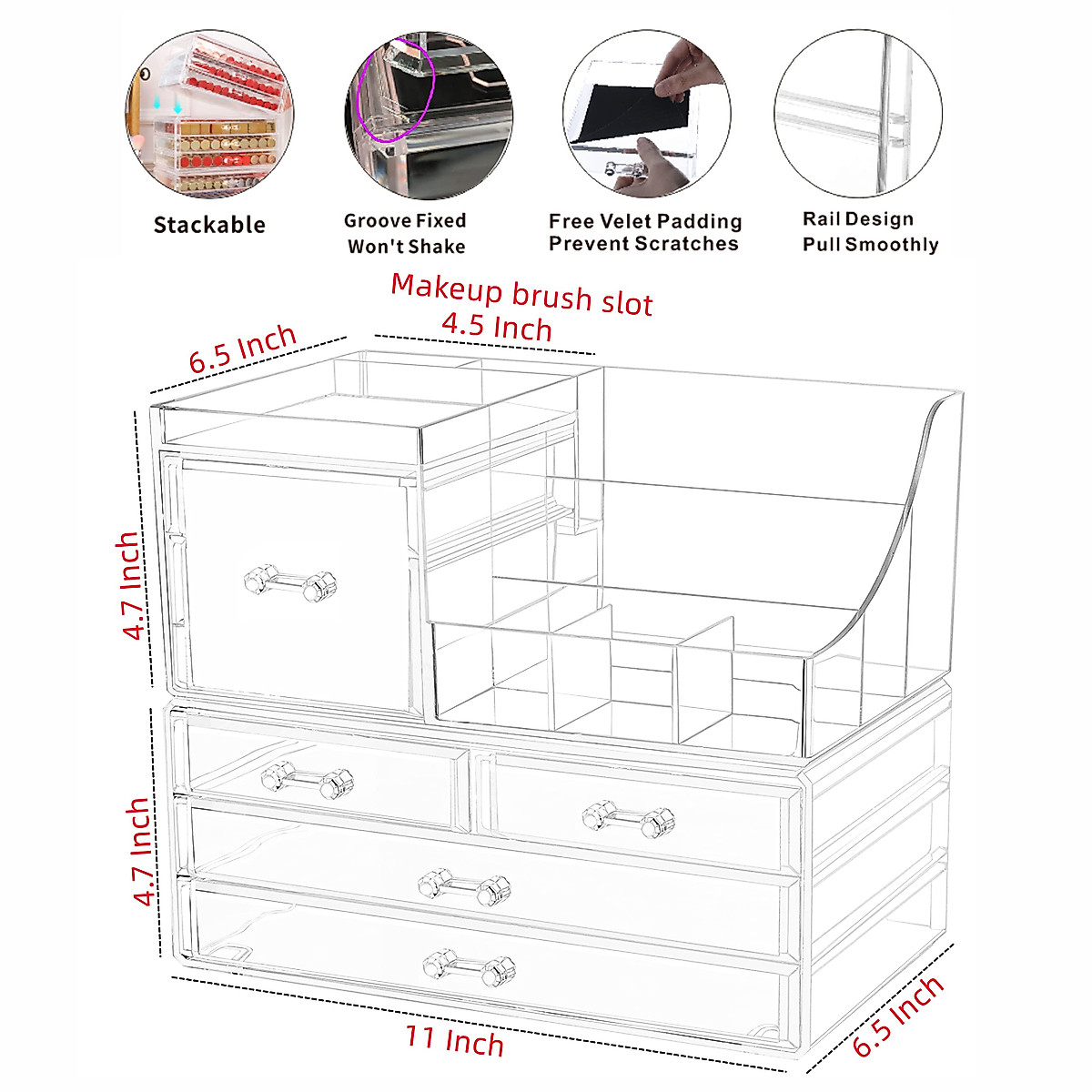 Cq acrylic 2 Pack Clear Make up Organizer Countertop,Stackable 5 Drawers Makeup Storage,Cute Vanity Organizers for dresser Hair Clip,Jewelry,Beauty Product Desk and Bathroom Organizers and Storage