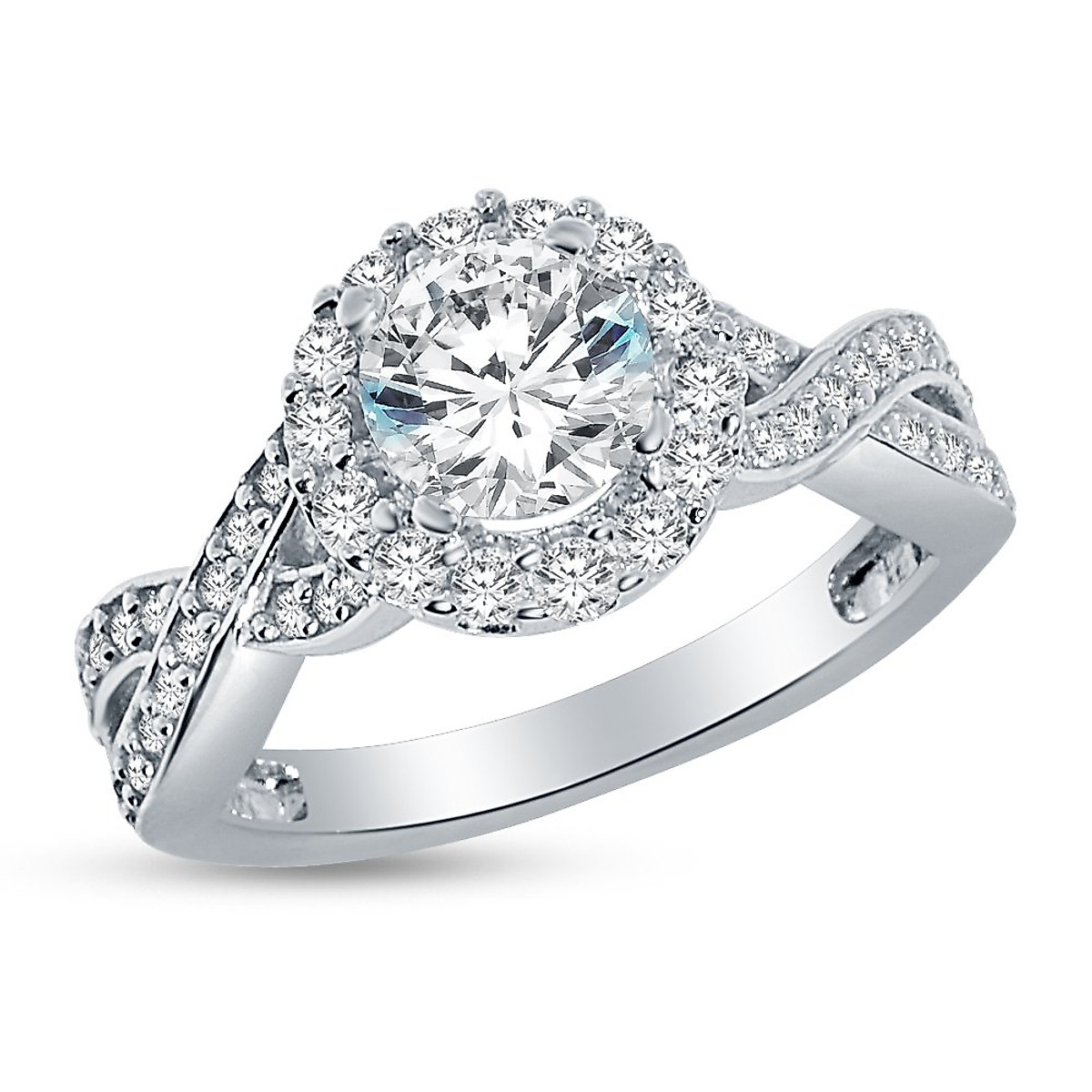 Size - 10-14k White Gold Round Infinity Twist Halo Cross Over Solitaire Engagement Ring CZ Cubic Zirconia (1.50cttw., 1.0ct. Center)