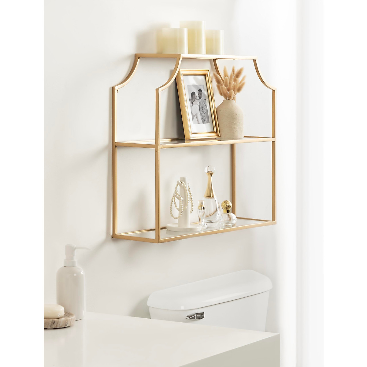 Kate and Laurel Ciel Modern Glam Wide Two-Tier Wall Shelf, 24 x 20, Gold, Tiered Bathroom Shelves for Over The Toilet Storage or Bedroom Makeup Organizer