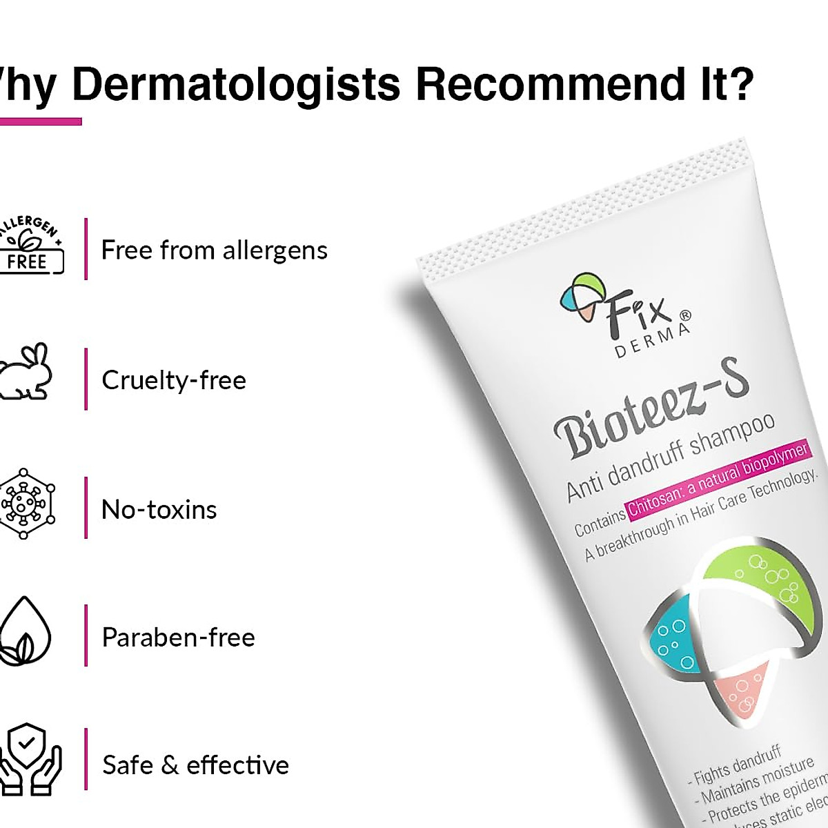 FIXDERMA 2% Salicylic Acid Bioteez-S Shampoo with 1% Zinc Pyrithione & Tea Tree Oil | Anti Dandruff Shampoo | Sulphate & Paraben free Shampoo - 2.65 Fl Oz