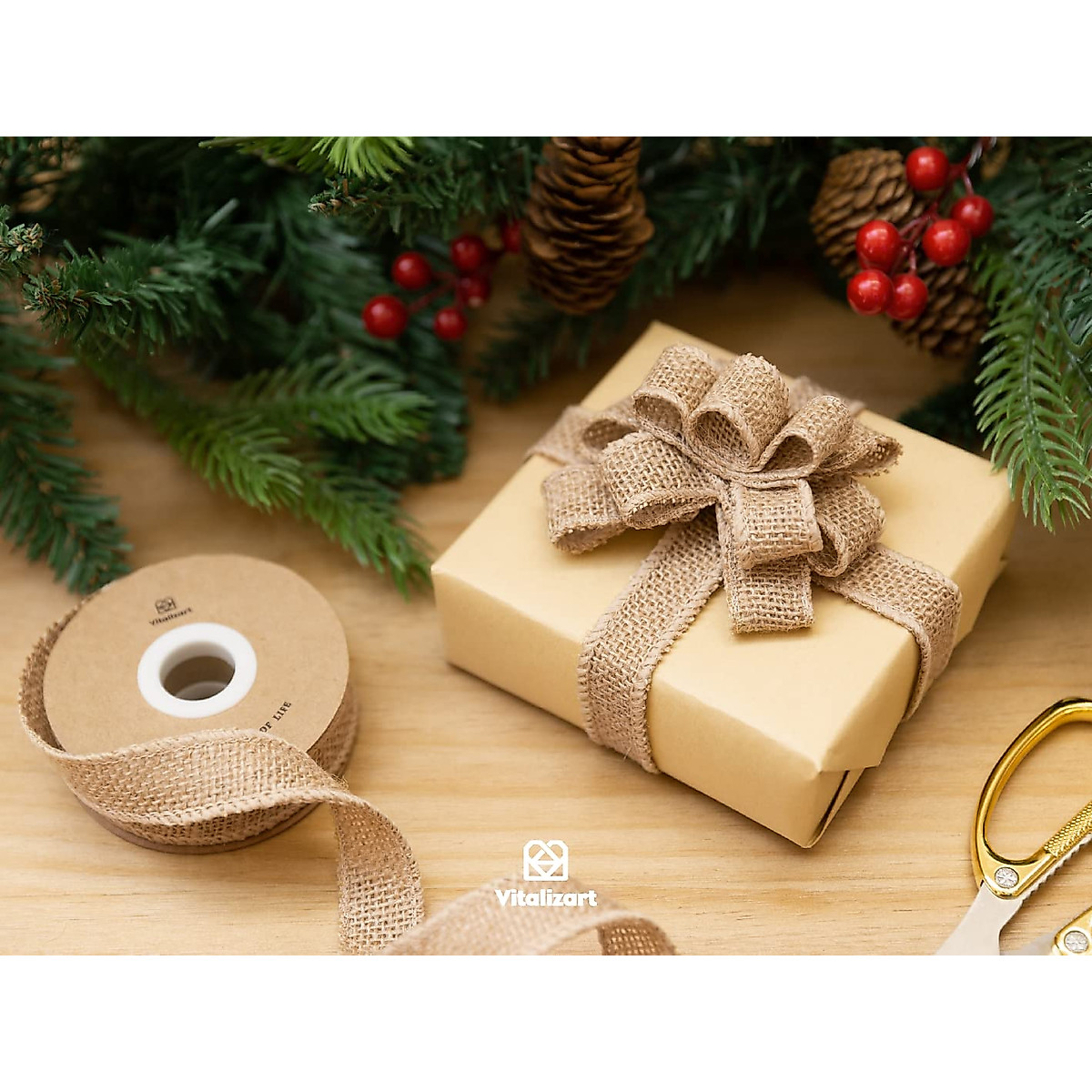 Vitalizart Burlap Ribbon Wired 1 Inch x 12 Yard Natural Burlap Fabric Jute Ribbon for Gift Wrapping Home Decor Wedding Decor Fall Decor Burlap Bows Flower Bouquet Christmas Tree