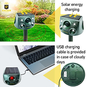 Fall 2024 Animal Repellent Outdoor with Automatic Frequencies, 2 Motion Detectors, 2 Alarms, 8 Stronger LED Lights and USB Cable - Solar Animal Repeller with Expanded Detection Range 360°