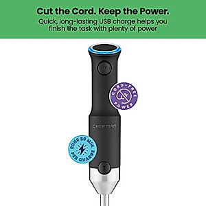 CHEFMAN Cordless Portable Immersion Blender 5-in-1 Blender Set, Ice Crushing Power with One-Touch Speed Control, Comes with Potato Masher, Whisk, Chopper, Beaker, and Storage Case, Stainless Steel