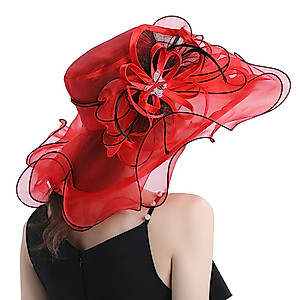 Go Mai Women Hats Organza Butterfly Decoration Wide Brim Occasion Event Kentucky Derby Church Dress Sun Hat Red