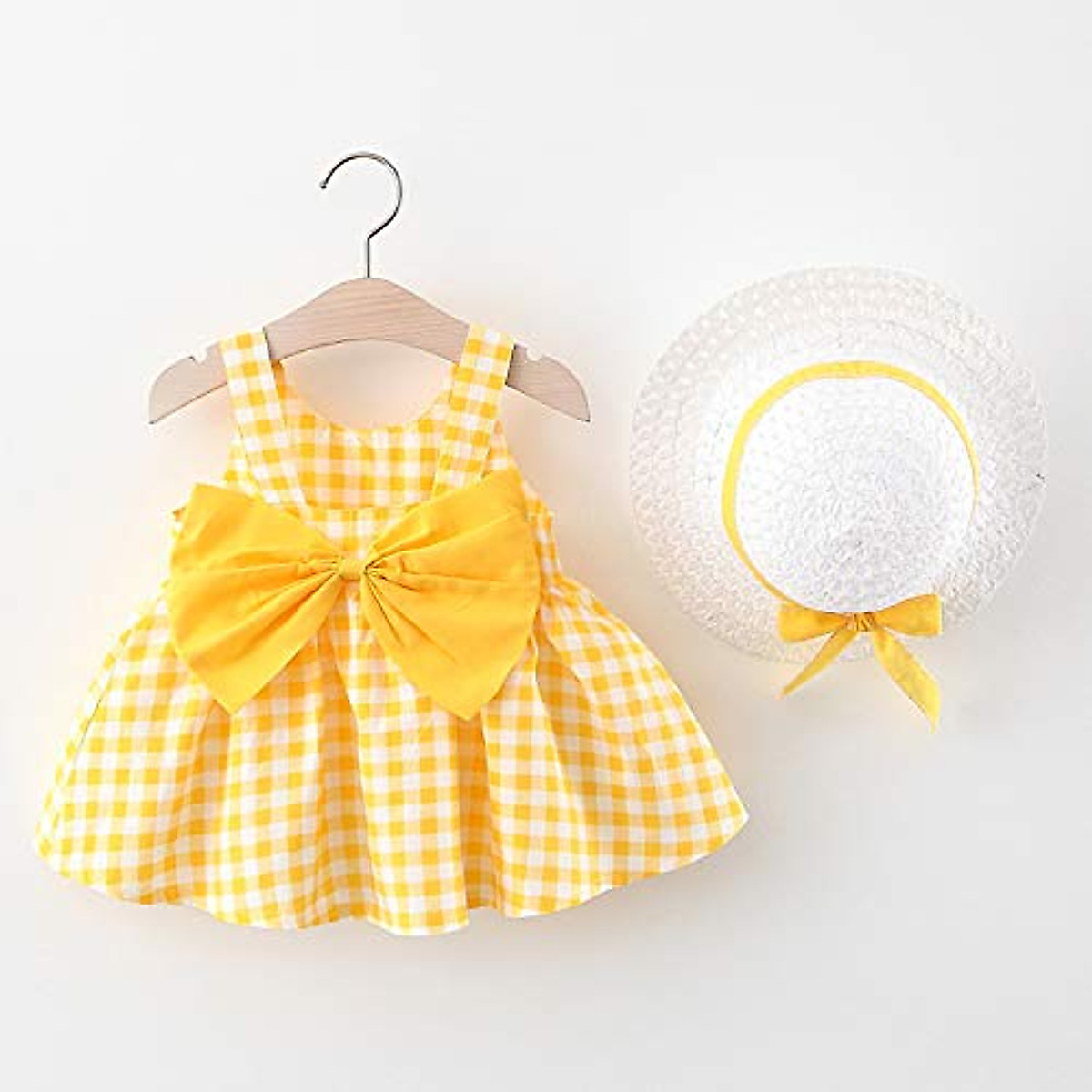 Camidy Infant Baby Girl Polka Dots Bowknot Dress Sleeveless Sundress with Straw Hat for 0-3Y