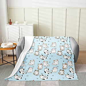 Erosebridal Cat Fleece Blanket Twin, Kawaii Garfield Cat Fuzzy Blanket for Kids Boys Girls, Paw Print Love Heart Throw Blanket, Cartoon Animals Soft Flannel Blanket, Blue