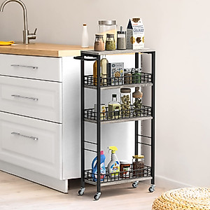 4 Tier Slim Storage Cart Narrow Laundry Cart on Wheels Utility Kitchen Rolling Cart with Wood Tabletop Mobile Shelving Unit Bathroom Storage Organizer Slide Out Rolling Tower for Narrow Spaces
