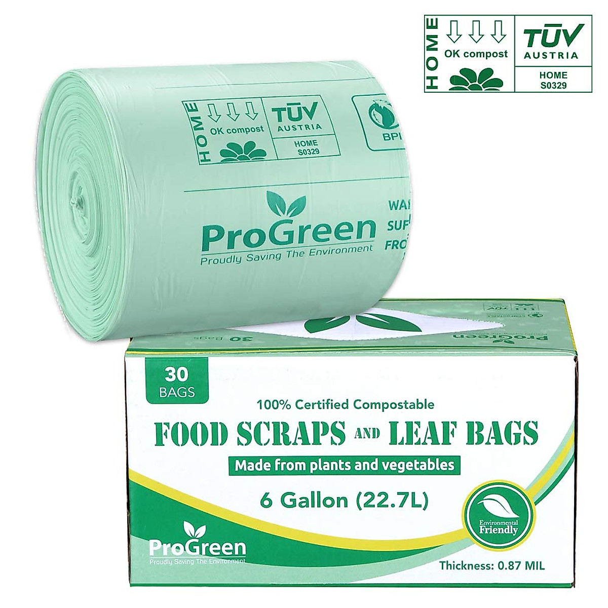 ProGreen Compostable Trash Bags, Extra Thick, Compost Kitchen Bin Bags, Food Scraps Yard Waste Bags, ASTM D6400 BPI and TÜV AUSTRIA Certified (6 Gallon, Pack of 30)