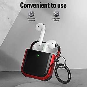 Jiunai for AirPods Case AirPods 2 Case with Keychain Protective Shockproof Full Body Armor Thick Wireless Charge Supported Cool Case with Carabiner for AirPods 1st & 2nd Gen LED Visible Black Red