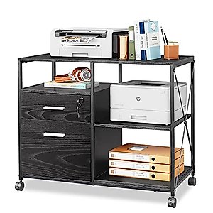 DEVAISE 2 Drawer Lateral File Cabinet with Lock, Mobile Printer Stand with Open Storage Shelf, Wood Filing Cabinet fits A4 or Letter Size for Home Office, Black
