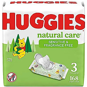 Sensitive Baby Wipes, Huggies Natural Care Baby Diaper Wipes, Unscented, Hypoallergenic, 99% Purified Water, 3 Flip-Top Packs (168 Wipes Total)