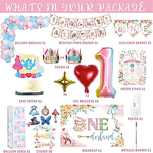 138 PCs Alice in Wonderland 1st Birthday Party Decorations, Hombae Alice in Onederland First Backdrop Balloon Garland Arrow Sign Monthly Photo Highchair Banner Box Cutout Cake Topper Crown Poster