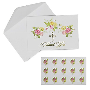 25 Religious Thank You Cards with Envelopes | Baptism Thank you Cards | First Communion Thank You Cards | Floral Design with Gold Foil Cross | Matching Floral Envelope Sticker Included