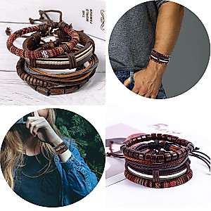 SONNYX 24 PCS Braided Leather Bracelet for Men Women Cool Woven Wrist Cuff Bracelets Hemp Cords Wooden Beads Ethnic Tribal Handmade Wrap Adjustable Wristband Bracelets