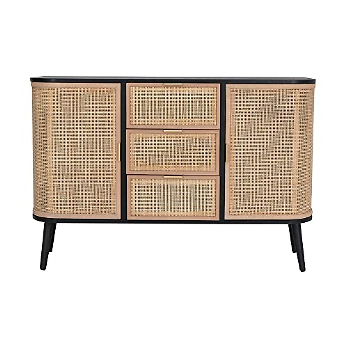 Benjara Dana 47 Inch Wood Sideboard Cabinet, 3 Drawers, Rattan Doors, Modern, Brown and Black