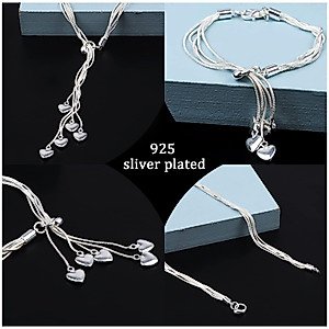 Droutti 3 Pack Italian Silver Heart Chain Necklace for Women, Long Five-line Chain Heart Love Line Necklace Link Chain Bracelet Heart Earring Jewelry Set for Birthday Anniversary Valentine's Day Gifts